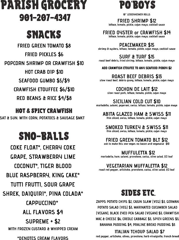 Menus - Parish Grocery